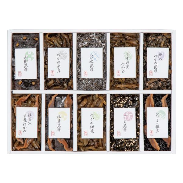 ●商品内容 鰹入わかめ昆布・わかめ木耳(各50g)・ごま昆布・椎茸昆布・しその実わかめ・山椒昆布・ひじき椎茸・わかめ佃煮・椎茸入甘煮わかめ(各45g)・汐吹昆布(20g)×各1 ●パッケージサイズ 21.5×28×2.8cm ●賞味期限 製...