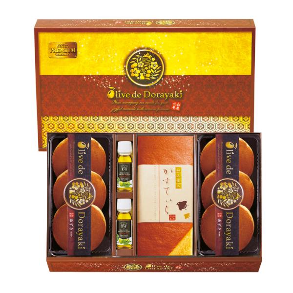 ●商品内容 どら焼き(あずき)×6・和三盆糖入かすてぃら(プレーン)1本・オリーブオイル18g×2  【卵・小麦】 ●パッケージサイズ：箱220×365×55mm 840g ●賞味期限：製造日から60日間  内祝い 快気祝い 出産内祝い ギ...