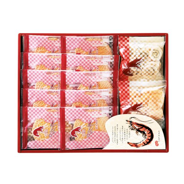 ●商品内容 赤えびせんべい×10・えびせん(うず巻・えび松風)各10g  【小麦・えび】 ●パッケージサイズ：箱265×330×43mm 260g ●賞味期限：製造日から360日間  内祝い 快気祝い 出産内祝い ギフト お返し お中元 お...