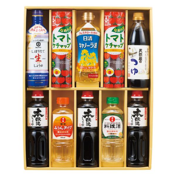 ●商品内容 サンビシ本醸造しょうゆ(500ml)×3、イカリなめらかトマトケチャップ(280g)×2、伊賀越天然蔵のつゆ(500ml)・キッコーマンいつでも新鮮しぼりたて生しょうゆ(450ml)・日の出(料理酒・割烹みりんタイプ)(各400...