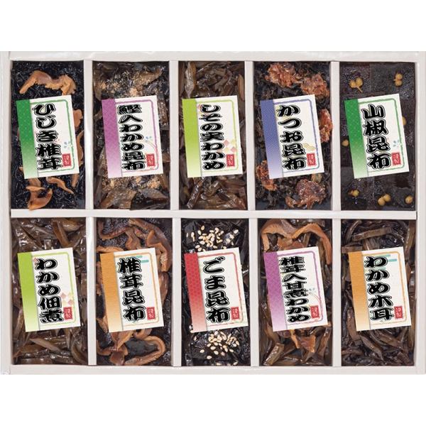 ●商品内容  わかめ木耳（50g）・しその実わかめ・椎茸入甘煮わかめ（各45g）・ごま昆布・椎茸昆布・山椒昆布・ひじき椎茸・わかめ佃煮・鰹入わかめ昆布（各40g）・かつお昆布（18g）×各1  ●パッケージサイズ 21.5×28×2.8cm...