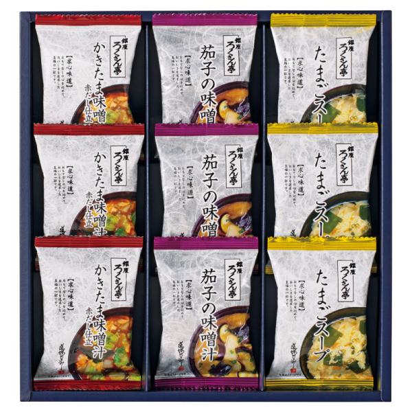 ●商品内容 かきたま味噌汁赤だし仕立・茄子の味噌汁・たまごスープ×各3●パッケージサイズ：26×25×3.2cm ●賞味期限：製造日より常温1年  内祝い 快気祝い 出産内祝い ギフト お返し お中元 お歳暮 結婚祝い 人気 香典返し 法事...