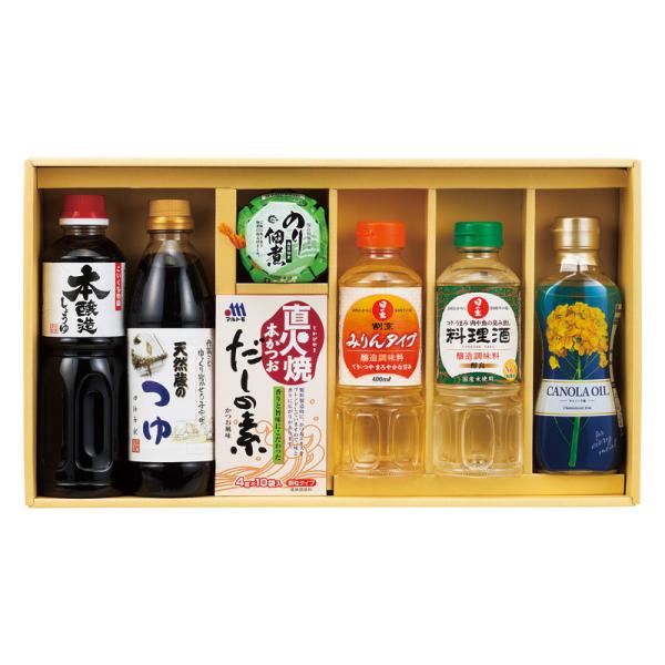 ●商品内容 昭和キャノーラ油(300g)・サンビシ本醸造しょうゆ・伊賀越天然蔵のつゆ(各500ml)・日の出(料理酒・割烹みりんタイプ)(各400ml)・島乃香のり佃煮(80g)・マルトモ直火焼本かつおだしの素(4g×10袋入)×各1 ●パ...