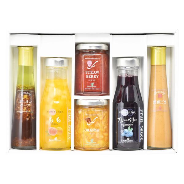 ●商品内容 ジャム(オレンジ・ストロベリー)(各145g)・フルーツソース(もも)(215g)・フルーツソース(ブルーベリー)(220g)・ドレッシング(オニオンハーブ・焙煎ごま)(各122ml)×各1●パッケージサイズ：23×31×6cm...