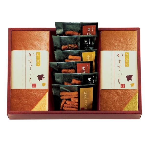 ●商品内容 和三盆糖入かすてぃら(プレーン・抹茶)各1本・かりんとう(黒糖・黒胡麻・牛乳)15g×各2  【卵・乳成分・小麦】 ●パッケージサイズ：箱213×306×57mm 920g ●賞味期限：製造日から60日間  内祝い 快気祝い 出...