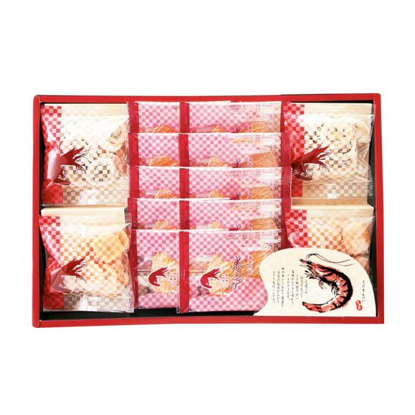 ●商品内容 赤えびせんべい×10・えびせん(うず巻・えび松風)10g×各2  【小麦・えび】 ●パッケージサイズ：箱265×400×43mm 390g ●賞味期限：製造日から360日間  内祝い 快気祝い 出産内祝い ギフト お返し お中元...