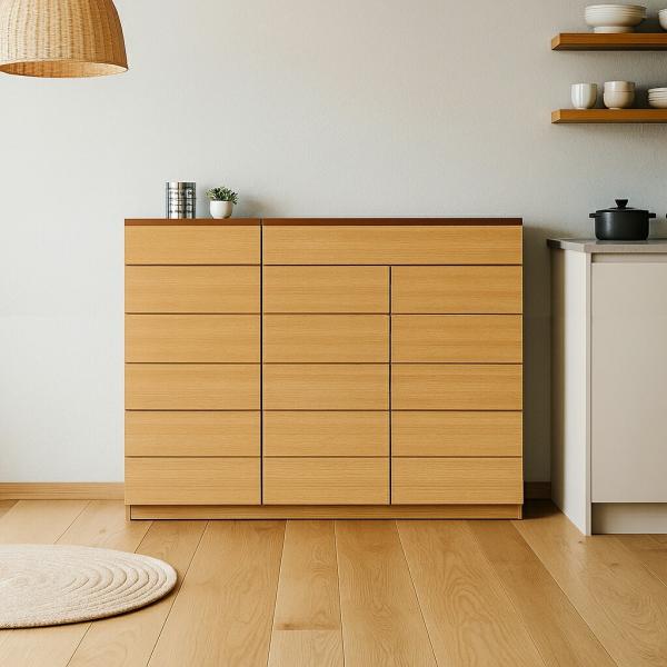 キッチン収納 食器棚 カップボード 完成品■ 間仕切りキッチン カウンター下収納 おしゃれ■ 送料無料（エリア条件あり）■ 国産 日本 完成品 背面化粧仕上げ■商品の大きさ  　幅135　奥行47　高さ95.8 cm下段深引き出し内寸(約)...