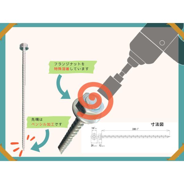 法人(会社、事業者、商店、学校、病院、協同組合、農園)等のお客様は、必ず法人名・店舗名等をご記載ください。◎フランジナットを特殊溶着(ナット対辺：19mm)◎インパクトドライバーで簡単に打ち込み可能◎先端はペンシル加工。各種シートや植生マッ...