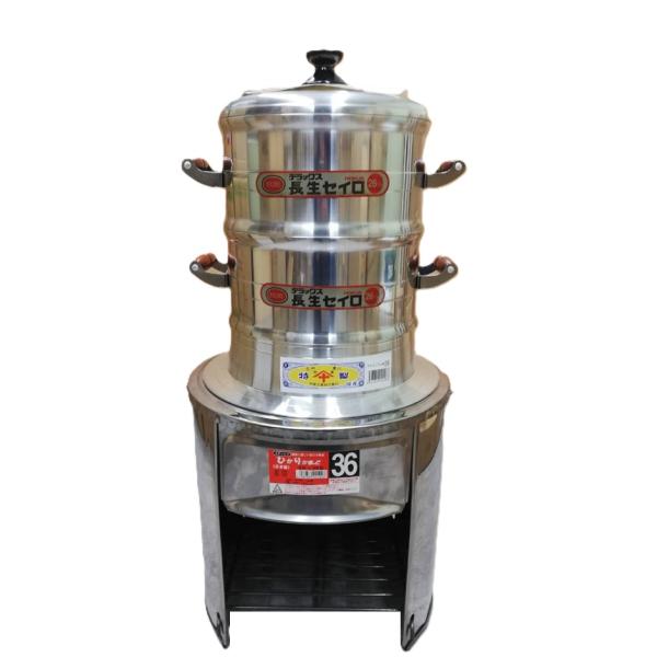 ステンレス製 ひかりカマド：径36cm×高さ37.5cm　羽釜の適合サイズは26cmと28cmと30cmと33cmです33cm羽釜の時は付属の輪金をはずします。羽釜26cm：炊飯量2.3升 入水量10Lセイロ26cm：1.5升蒸/段　2段(...