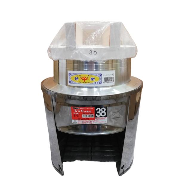 ステンレス製カマド：径38cm×高さ37.5cm　羽釜の適合サイズは26cmと28cmと30cmと33cmです36cm羽釜の時は付属の輪金をはずします。アルミ鋳物羽釜28cm：炊飯量2.5升　入水量11L　釜木蓋：30cm　厚さ3cmスマー...