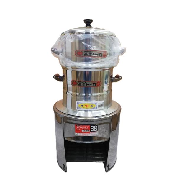 ステンレス製カマド38cm：径38cm×高さ37.5cm　羽釜の適合サイズは26cmと28cmと30cmと33cmです。36cm羽釜の時は付属の輪金をはずします。　アルミ鋳物羽釜28cm：炊飯量2.5升入水量11Lアルミセイロ28cm：2升...