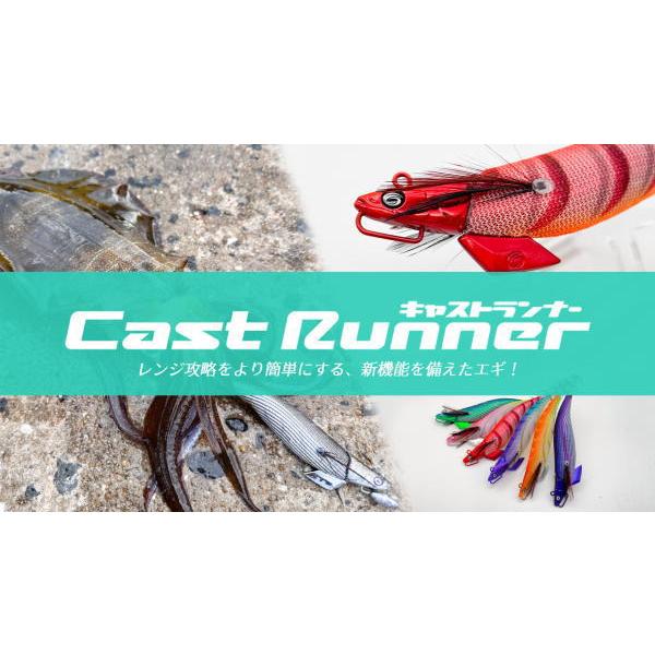 ■サイズ　3.5号■自重　18gキャストランナーは、シーズンや状況を問わず幅広く対応できる高い汎用性を追求して開発されたエギです。最大の特長は、水深や潮流、風といった刻々と変化するフィールドコンディションに容易に対応可能なシンカーハンガーを...