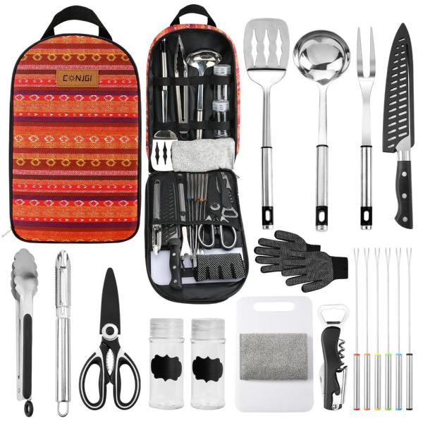 ??CAMPING COOKING ACCESSORIES Camping Cooking Utensils Set include Corkscrew bread clip scissors chef's knife frying spa...