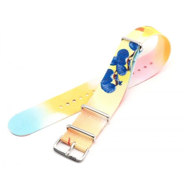 パステル調のベルトに可愛い花をあしらったベルトです内容量：1サイズ（ベルト）：長さ300mm 幅18〜24ｍｍ　厚み約1mmm カンの高さ1cmサイズ（包装）：縦220mm×横55mm×高さ5mm原材料:ストラップ部　ポリエステル100％　...