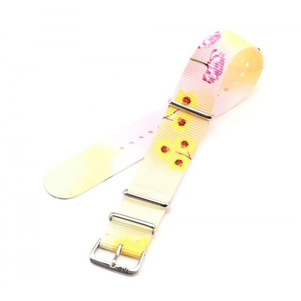 パステル調のベルトに鮮やかな花々を散りばめています内容量：1サイズ（ベルト）：長さ300mm 幅18〜24ｍｍ　厚み約1mmm カンの高さ1cmサイズ（包装）：縦220mm×横55mm×高さ5mm原材料:ストラップ部　ポリエステル100％　...