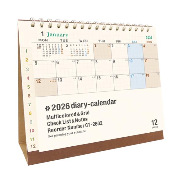 2026年度カレンダー 月曜始まり シンプルダイアリーカレンダープライベートシーンはもちろんのこと、ビジネスシーンにもお使い頂けるシンプルでインテリア性も高い“使える”カレンダーです。方眼が入っていて書き込みやすく、土曜、祝祭日にもカラーが...