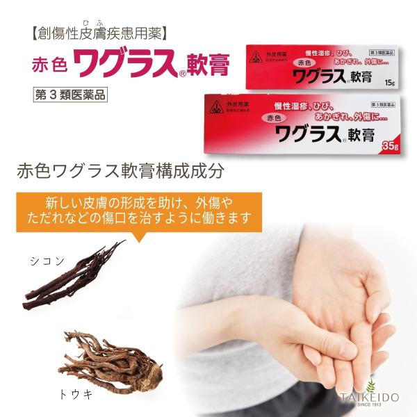 急性・慢性湿疹、外傷の外用薬赤色ワグラス軟膏は、ひび・あかぎれ・かみそり負けなどの創傷性の皮膚疾患や、血行障害により起こるしもやけ・凍傷など、さらには火傷（やけど）を改善するよう考え出された外用の軟膏剤（塗り薬）です。