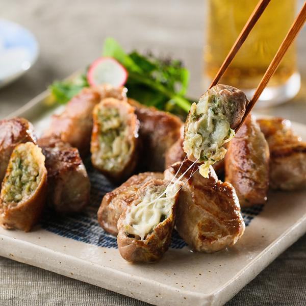 北海道産行者にんにく入り、野菜入り、チーズ入りの3種類の餡を、北海道十勝産の豚肉で巻きました。焼けば外側の豚肉はカリッ、中の餡はジューシー。豚肉と餡の絶妙なバランスをお楽しみください。