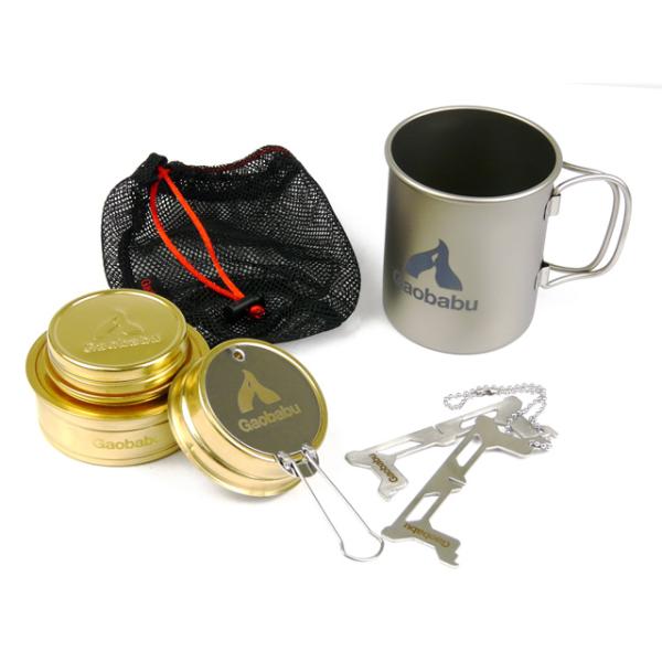 Gaobabuチタンマグカップ 300ml + アルコールバーナー + マルチクロス五徳mini + メッシュ収納袋 以上4点のお得なセット販売です。アルコールバーナーのサイズにぴったり合ったマグカップなので、コンパクトに収納出来ます。軽量...