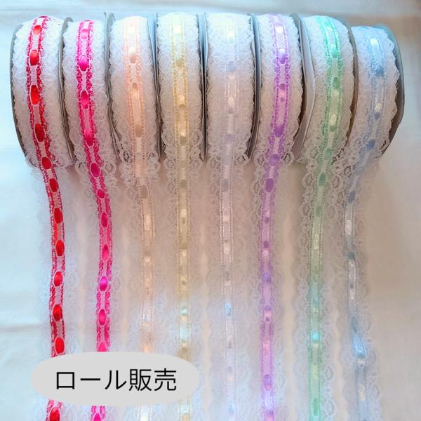 真ん中にサテンリボンを通したレースブレードです。サテンリボンは固定されているので抜けません。幅　2.5cm程度（広い部分は3cmほどあります）数量1＝20ヤード（約18m）ロットにより多少の差があります。だいたいの目安としてお考え下さい。薄...