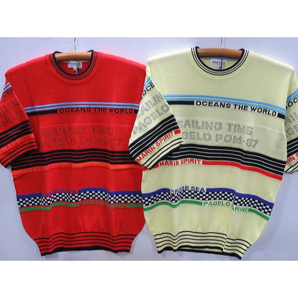 パジェロ  半袖　サマーセーター　PAGELO【素材】綿50%　アクリル50%【サイズ】M:着丈64cm 肩幅50cm 袖丈25cm 胸幅53cmL:着丈67cm 肩幅53cm 袖丈26cm 胸幅57cmLL:着丈69cm 肩幅56cm 袖...