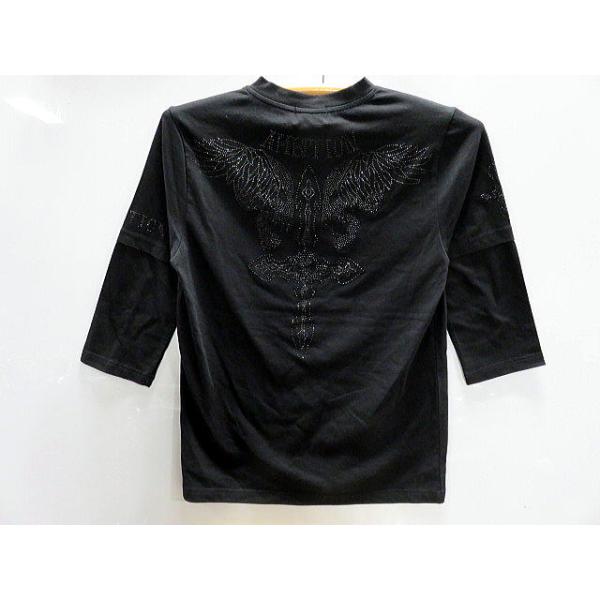 BE AMBITION 7分袖レイヤードTシャツ クロスウィングラインストーン