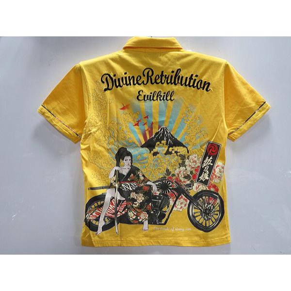 カラクリ魂 　和柄 半袖ポロシャツ  抜刀娘　結愛＆バイク　KARAKURI【素材】綿100%【サイズ】M：着丈67cm　袖丈22cm　肩幅48cm　身幅50cmL：着丈69cm　袖丈23cm　肩幅49cm　身幅53cmXL：着丈74cm　...