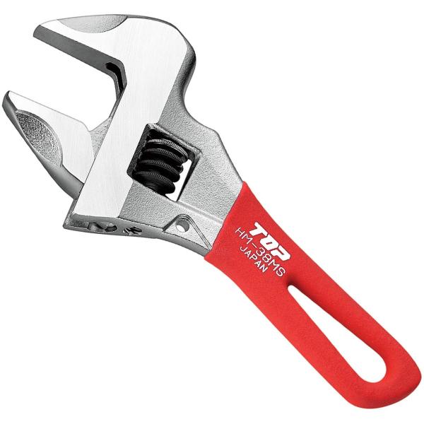 各種ボルト・ナットの着脱に便利なショートワークワイドモンキレンチです。特に狭い場所での作業効率を高める設計で、最大口開き38mmのワイドサイズに対応しています。【商品説明】このモンキレンチは、TOP工業独自のガタ無しウォームを搭載し、バック...