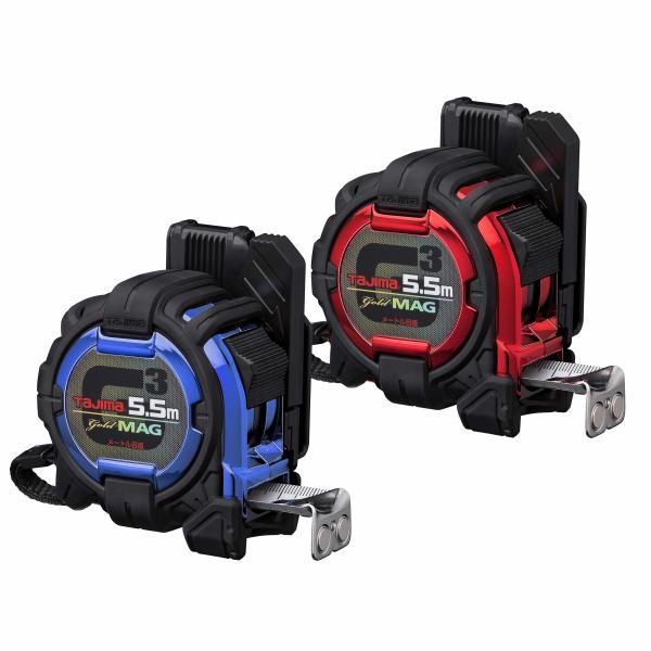 現場映え抜群の限定カラーモデル！タジマG3ゴールドセフマグ（SFG3GLM2555BLCP25）は25mm幅×5.5m、重量352g。落下防止ベルトホルダー＆フックガードバンパー搭載で安心の安全設計。JIS1級精度、ネオジウム強力マグ爪、0...