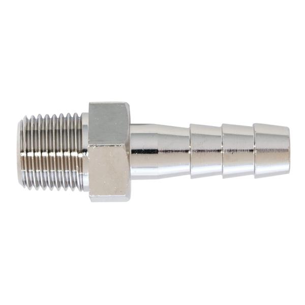 ●本体：真鍮 ●ホースと管用ねじを接続するジョイントです。 ●ホースと管用ねじを接続するジョイントとして ●適用流体：空気 ●最高使用圧力(MPa)：3.5 ●ねじ径：R1/8 ●ホース口外径(mm)：7 ●本体質量 14 g 本体寸法 1...