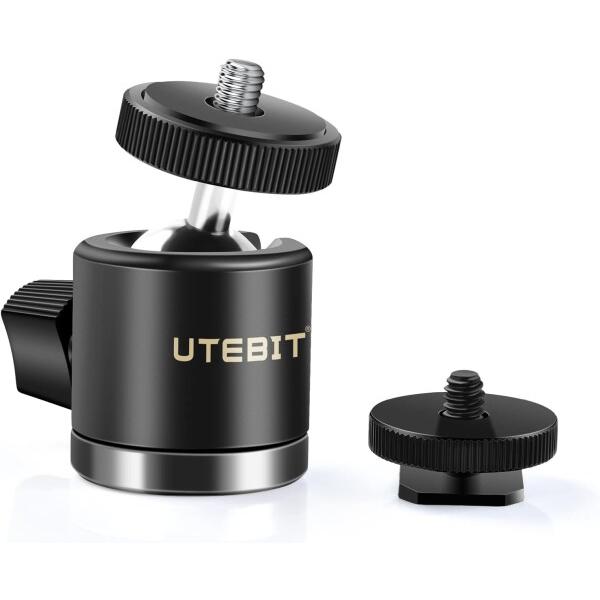 UTEBIT 自由雲台 360度 回転可能 ボールヘッド雲台 直径20mm ミニ小型雲台 1/4 ネジ ネジ付シュー ベース ライトスタンド パノラマ雲台 アルミ製 耐荷重1.3kg シュー付 ビデオ カメラ 三脚 一眼レフ DSLR 用 ...