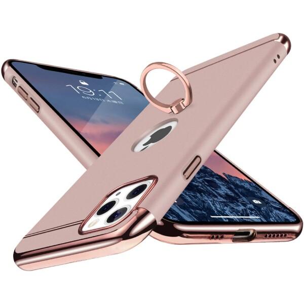 E Segoi Compatible with リング ケース 11 Pro ケース リング付き スタンド機能 メッキ加工 透明 PC 落下防止 薄型 軽量 一体型 おしゃれ 全面保護カバー 6.1インチ (11 Pro, ローズピンク)商...