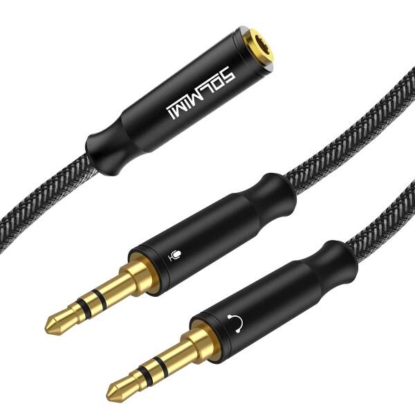 SOLMIMI イヤホン・マイク延長ケーブル 25cm 4極(メス)⇔3極(オス)×2 3.5mmオーディオ変換ケーブル 4極 3極 変換 ケーブル通話 音声 PVC+クリスタルナイロン編組 デスクトップパソコン/旧型のノートパソコンに対応...