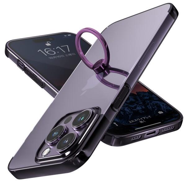 S Segoi Compatible with リング ケース iPhone 14 Pro ケース リング付き スタンド機能 メッキ加工 透明 PC 落下防止 薄型 軽量 一体型 おしゃれ 全面保護カバー 14Pro リング ケース (6....