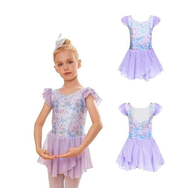 (Arshiner) バレエ レオタード 子供 肩フリル袖 バレエ 衣装 クリスクロスバック シフォンスカート付き 綿生地 無地 ダンススカート ジュニア キッズ 新体操 体操服 レッスン 教室 練習着 発表会 試合商品コード：660796...