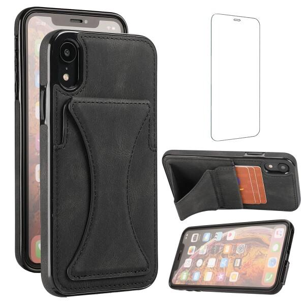 JSCOMYAP iPhone 10R/XR ケース用 + ?化 ガラス フィルム PUレザーカード収納横置きスタンド機能付き 携帯ケース 衝撃吸収 スマホケース Case Cover いphoneXR あいふぉんXR アイフォンXR 対応...
