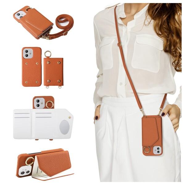 Handodo iPhoneに適合する11 スマホケースヴィーガンレザーショルダー タイプ背面カード収納肩掛け 斜めかけ リング付き ミラー付き カード収納 背面ポケット 財布付き マグネットなし レザー ストラップ付き(ブラウン)商品コー...