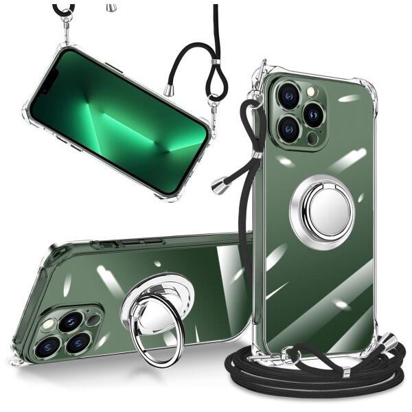 tuulaasii For iPhone 13 pro 用 ケース クリア 透明 リング付き ショルダー 調節可能 肩がけ 首掛け 紐付き 斜めがけ スマホケース アイフォン 13 プロ シリコン TPU ストラップホール付き 耐衝撃 傷防...