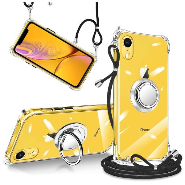tuulaasii For iPhone xr 用 ケース クリア 透明 リング付き ショルダー 調節可能 肩がけ 首掛け 紐付き 斜めがけ スマホケース アイフォンxr シリコン TPU ストラップホール付き 耐衝撃 傷防止 全面保護 カ...