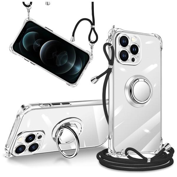 tuulaasii For iPhone 12 Pro 用 ケース クリア 透明 リング付き ショルダー 調節可能 肩がけ 首掛け 紐付き 斜めがけ スマホケース アイフォン 12 プロ ケース シリコン TPU ストラップホール付き 耐衝...