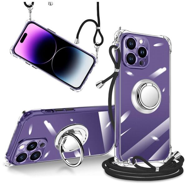 tuulaasii For iPhone 14 pro 用 ケース クリア 透明 リング付き ショルダー 調節可能 肩がけ 首掛け 紐付き 斜めがけ スマホケース アイフォン 14 プロ ケース シリコン TPU ストラップホール付き 耐衝...