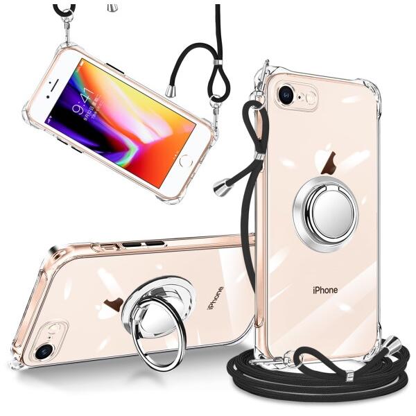 tuulaasii For iPhone 7 / 8 / SE3 / SE2 ケース クリア 透明 リング付き ショルダー 調節可能 肩がけ 首掛け 紐付き 斜めがけ スマホケース アイフォン 7/8 シリコン TPU ストラップホール付き...