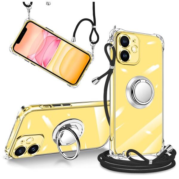 tuulaasii For iPhone 11 用 ケース クリア 透明 リング付き ショルダー 調節可能 肩がけ 首掛け 紐付き 斜めがけ スマホケース アイフォン11 ケース シリコン TPU ストラップホール付き 耐衝撃 傷防止 全面...