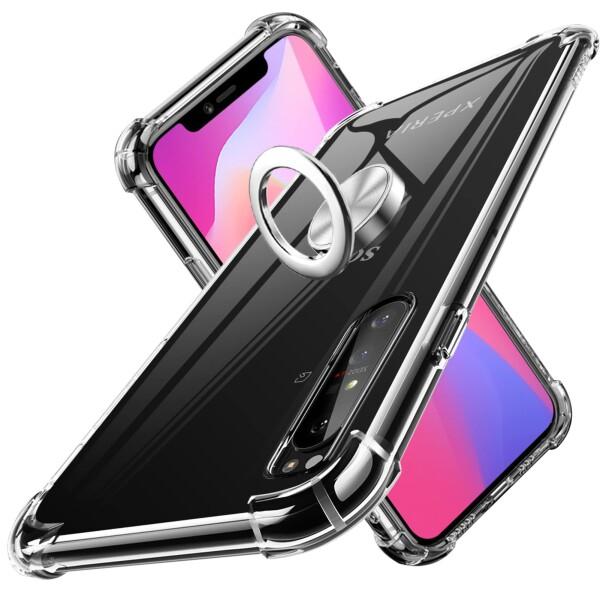 TLOMPLO 対応 Xperia 1 II 用の ケースリング 透明 TPU クリア 薄型 SO-51A / SOG01 ケース リング付き 回転リング 車載ホルダー対応 黄変防止 耐衝撃 米軍MIL規格取得 滑り止め 指紋防止 カメラ保...
