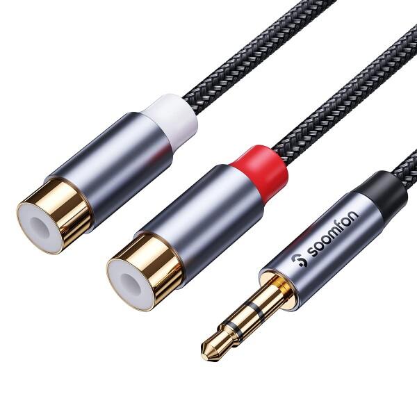 RCA 3.5mm 変換ケーブル 1M - SOOMFON Aux 3.5mm(オス) to 2RCA(メス) ミニプラグ 変換 オーディオケーブル 赤白 Y型 分岐 高耐久性 ナイロン編み 金メッキプラグ ステレオアンプ/スピーカー/古い...