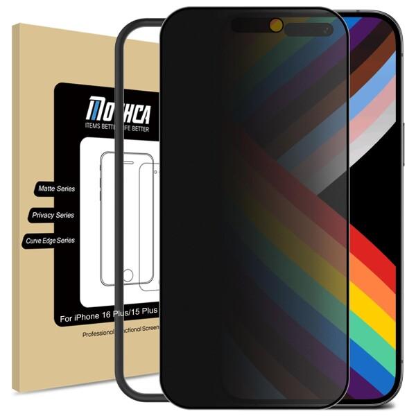 Mothca iPhone 16 Plus/iPhone 15 Plus対応 ガラスフィルム 液晶保護フィルム のぞき見防止 サラサラ タッチ感 反射防止 指紋防止 硬度9H 飛散防止 キズ防止 衝撃吸収 ガイド枠付き 貼り付け簡単 撥油性...