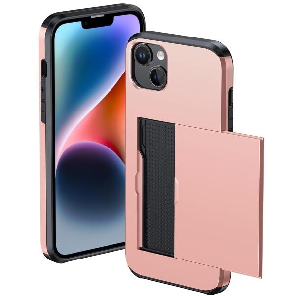 MuZiF iPhone 14 用 ケース カード収納 iPhone 13 用 ケース 耐衝撃構造 米軍耐衝撃 全面保護 擦り傷防止 PC 背面収納 アイフォン14 /13 用 カバー ケース（iPhone 14/iPhone 13,ローズ...