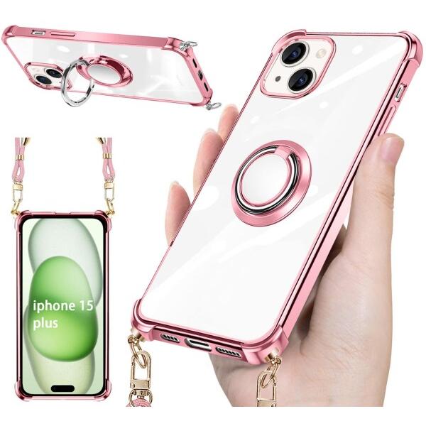 weiaoluo iphone 15 plus ケース クリア ネック リング付き ショルダー アイフォン15plus ケース 耐衝撃 iphone15plus 携帯カバーバンパー tpu 薄型 軽薄型 360度回転 スマホケース ストラッ...