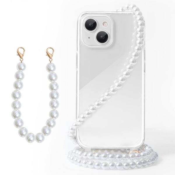 Handodo iPhone 13 ケース アイフォン13 用カバー パールチェーン透明ケース iphone 13 ケース ショルダー パールストラップ 肩がけ 首掛け 紐付き ストラップ二本付き 透明 PC + 軽量 シリコン TPUバン...