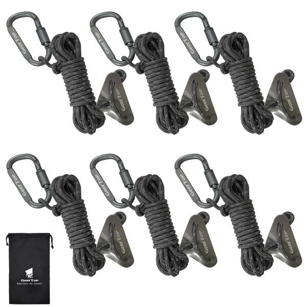 Geer Top ガイロープ 4mm テントロープ パラコード タープ用 ロープ カラビナ付き 張り綱 反射材入り 自在金具 耐荷重260kg 長さ4m 収納袋付き アウトドア キャンプ テント設営 ダークグレー 6本セット商品コード：66...